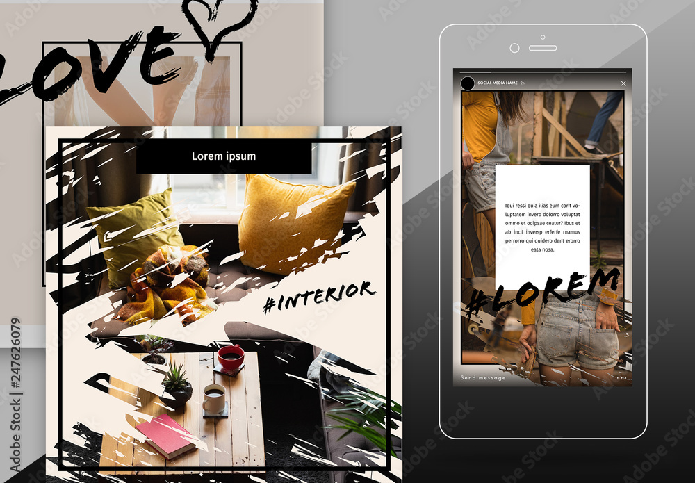 Social Media Post Layout Set with Brush Stroke Elements Stock Template ...