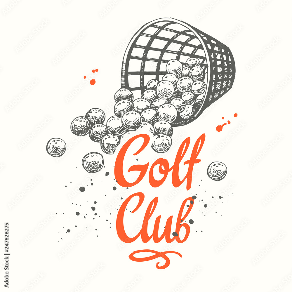 Golf basket with balls. Vector set of hand-drawn sports equipment ...