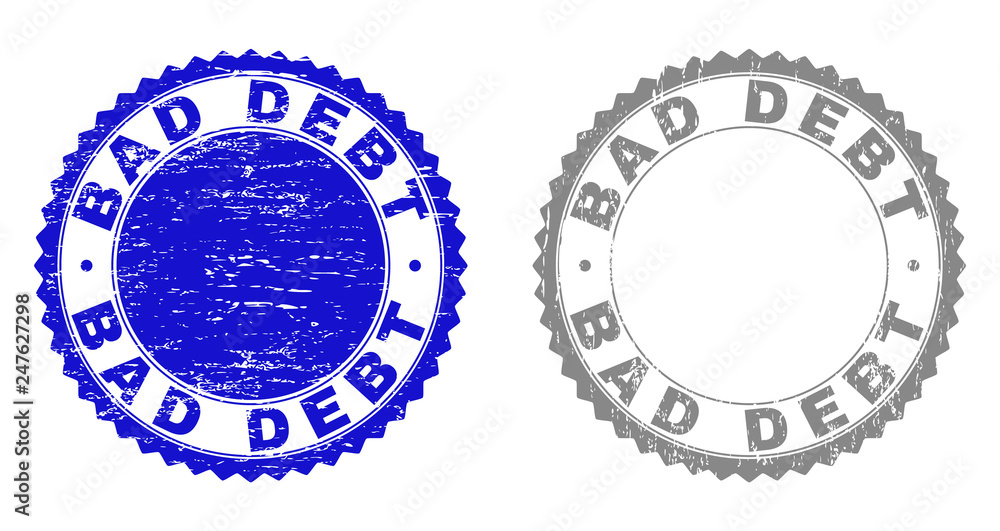 Grunge BAD DEBT stamp seals isolated on a white background. Rosette ...