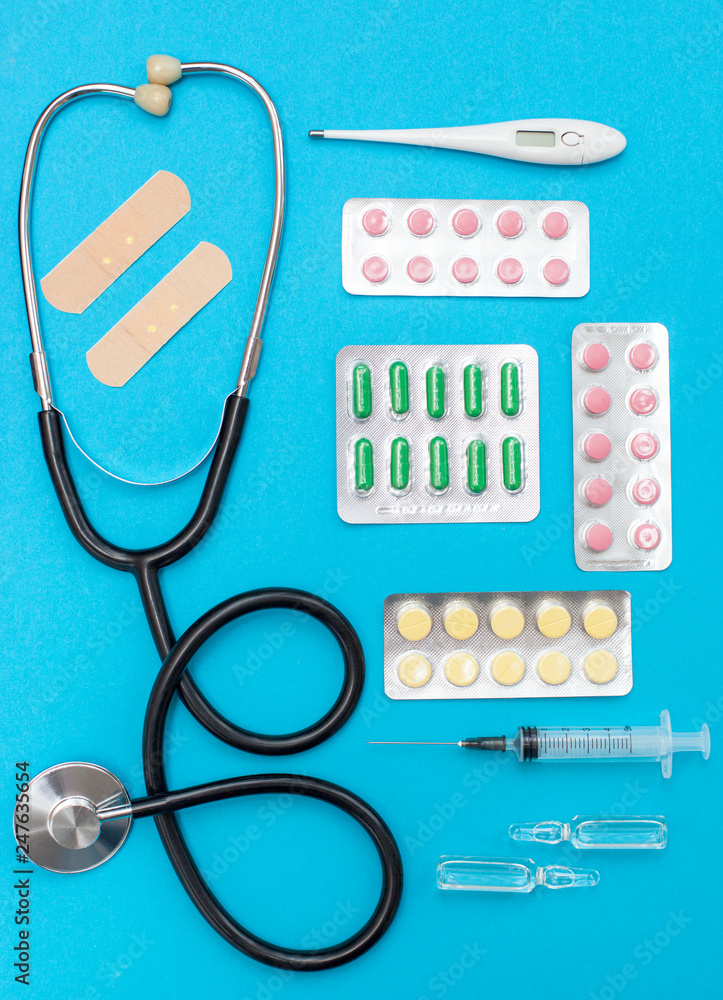 Top view of medicines, work tools and accessories doctor, nurse ...