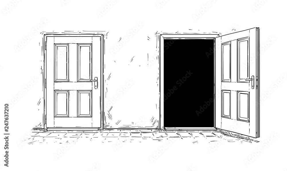Cartoon doodle drawing of two open and close wooden decision door. Two ...