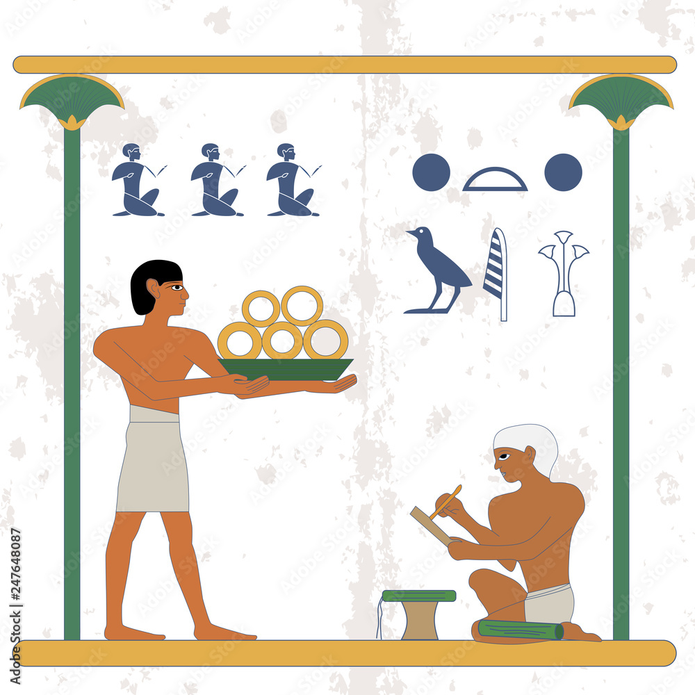 Ancient egypt background. Servant with gold and scribe compostion ...