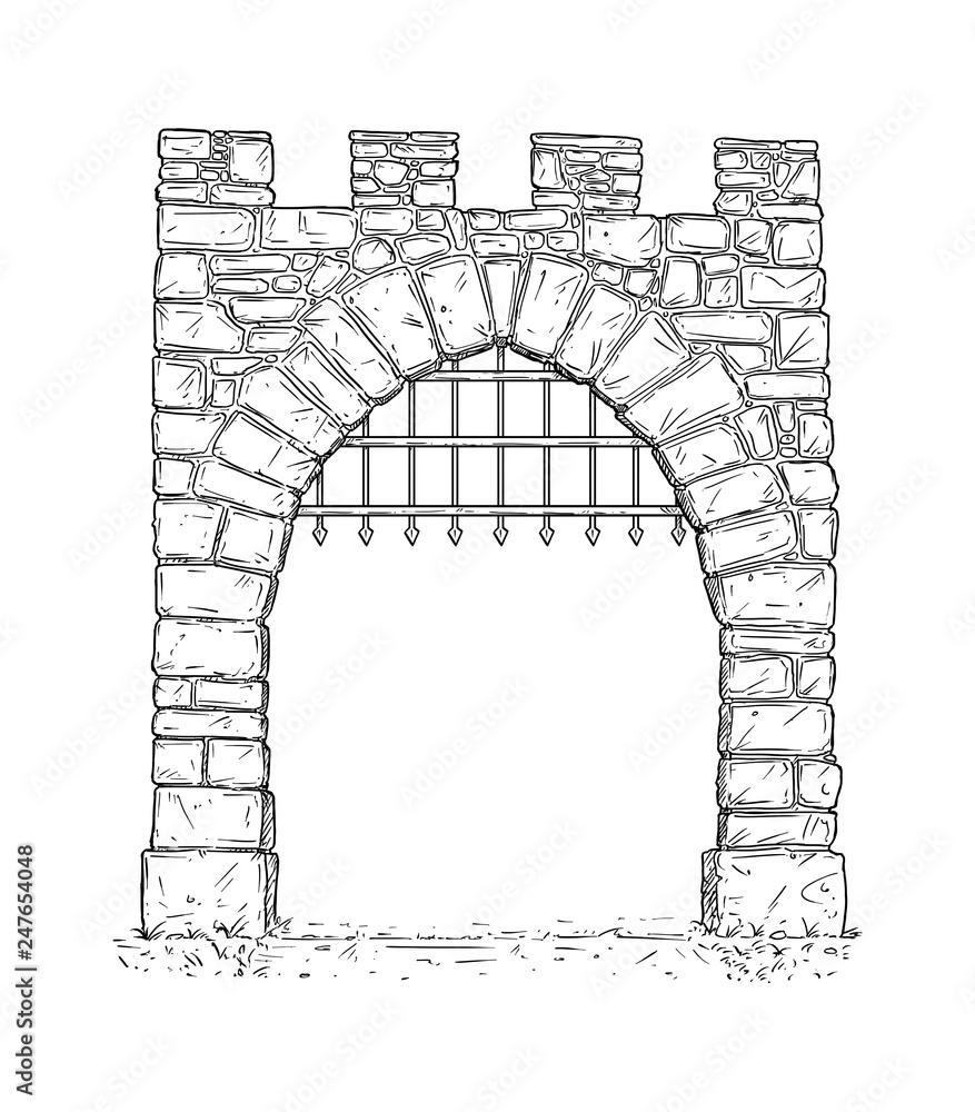 Cartoon doodle drawing illustration of open medieval stone decision ...