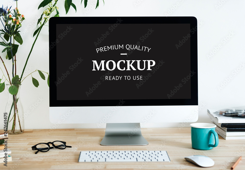 Desktop Computer on Wooden Desk Mockup Stock Template | Adobe Stock