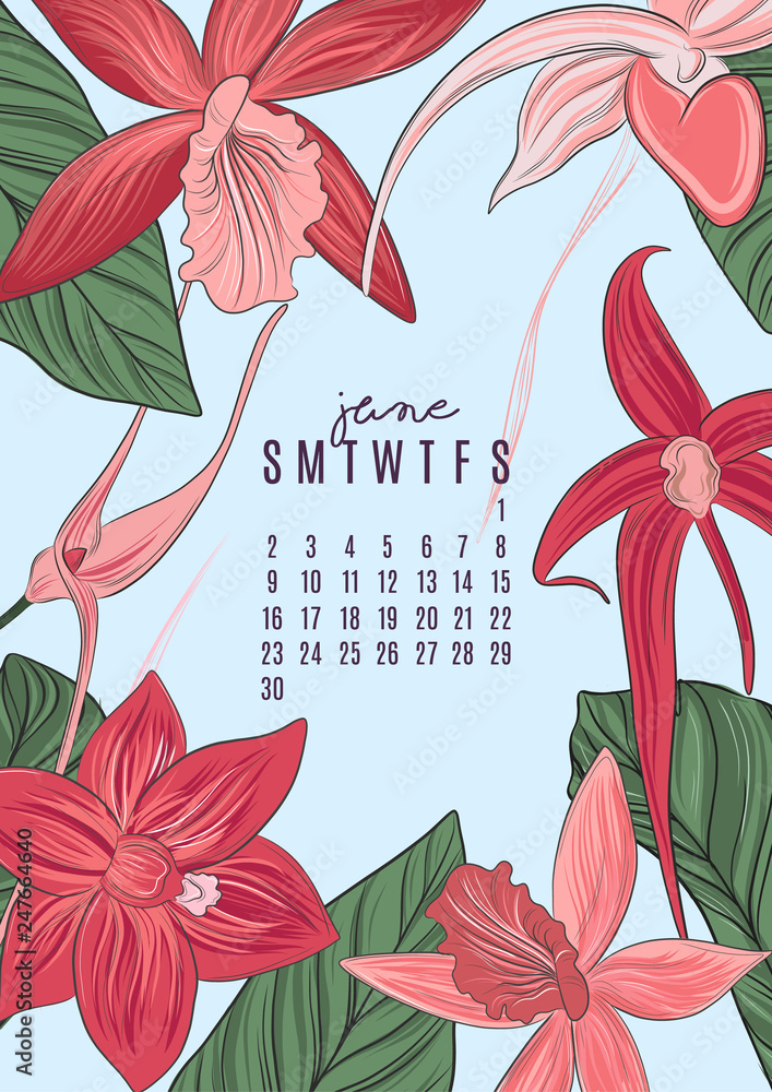 Vector printable A4 size 2019 calendar template for june. Jungle ...