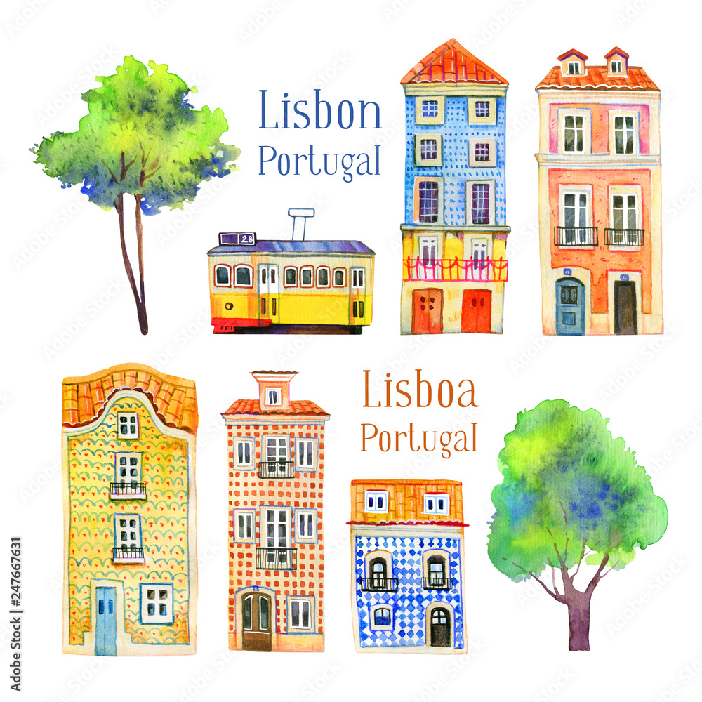 Watercolor old stone Europe houses. Set of Portugal architecture ...