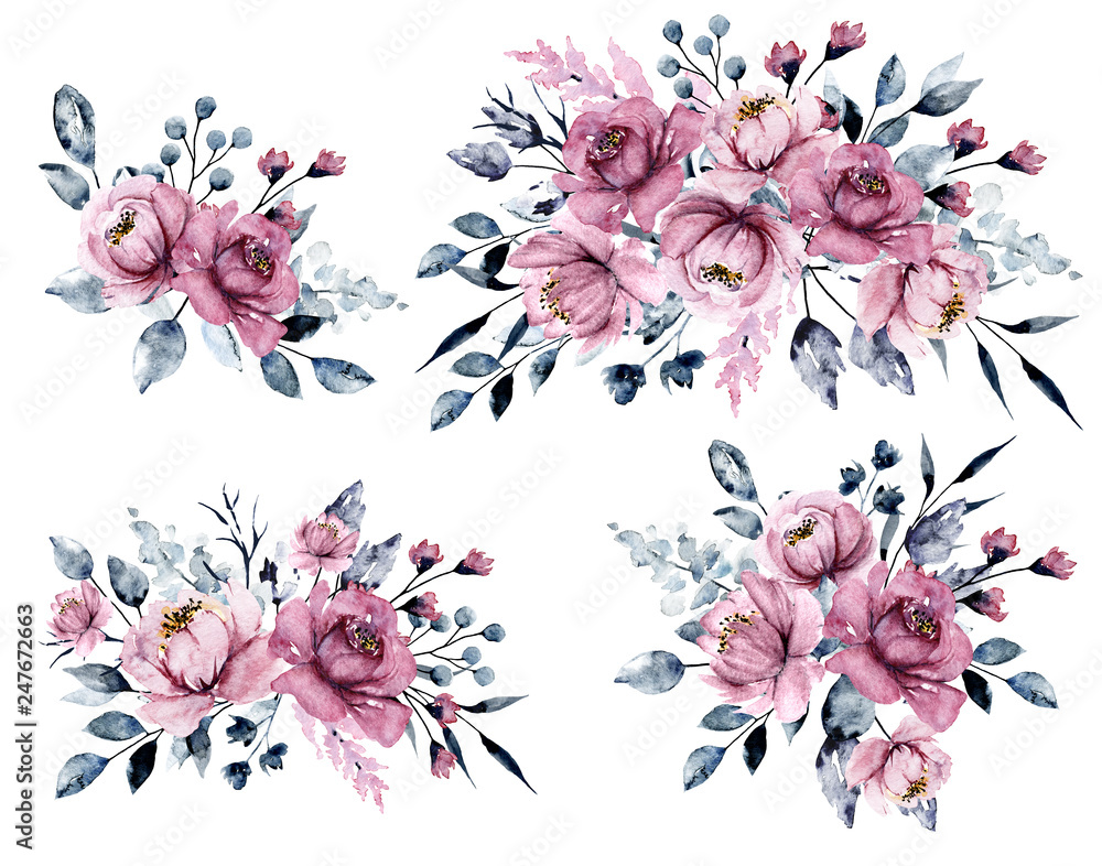 Watercolor pink flowers, grey leaves set. Bouquets, floral ...