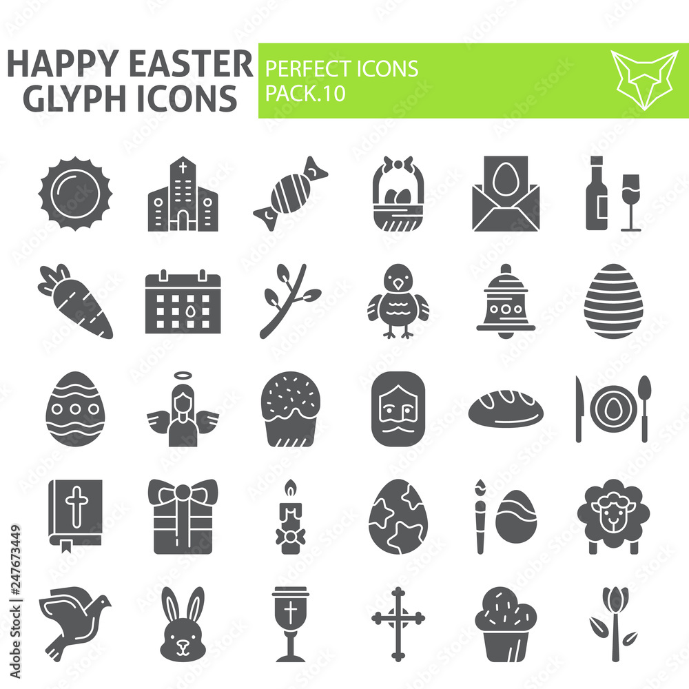 Happy easter glyph icon set, holiday symbols collection, vector ...