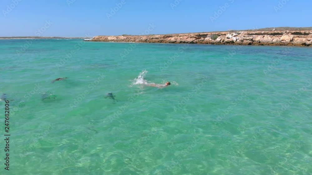 Wideo Stock: Girl in white bathing suit swimming in clear blue water as ...