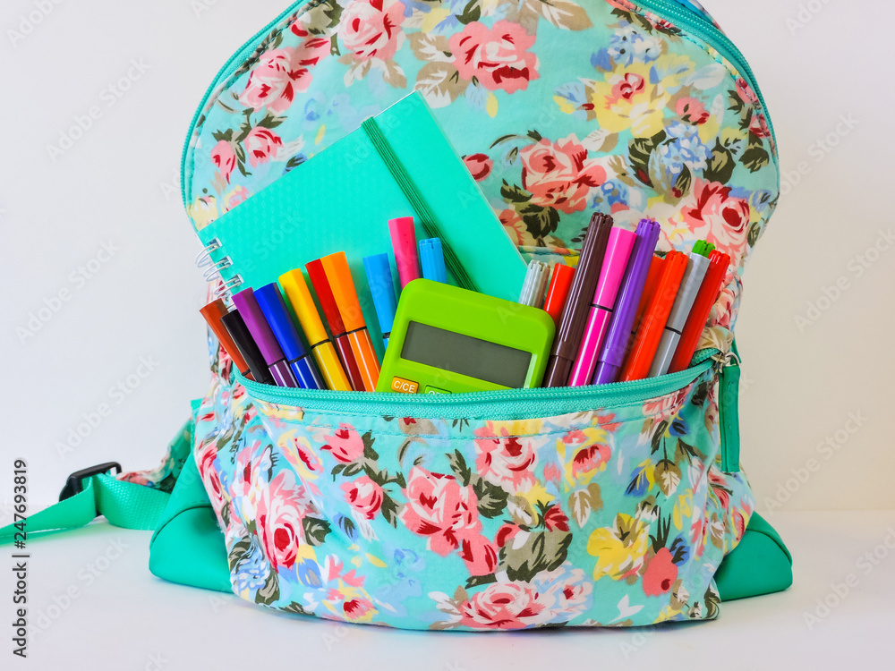Back to school concept. School backpack and school supplies on white ...