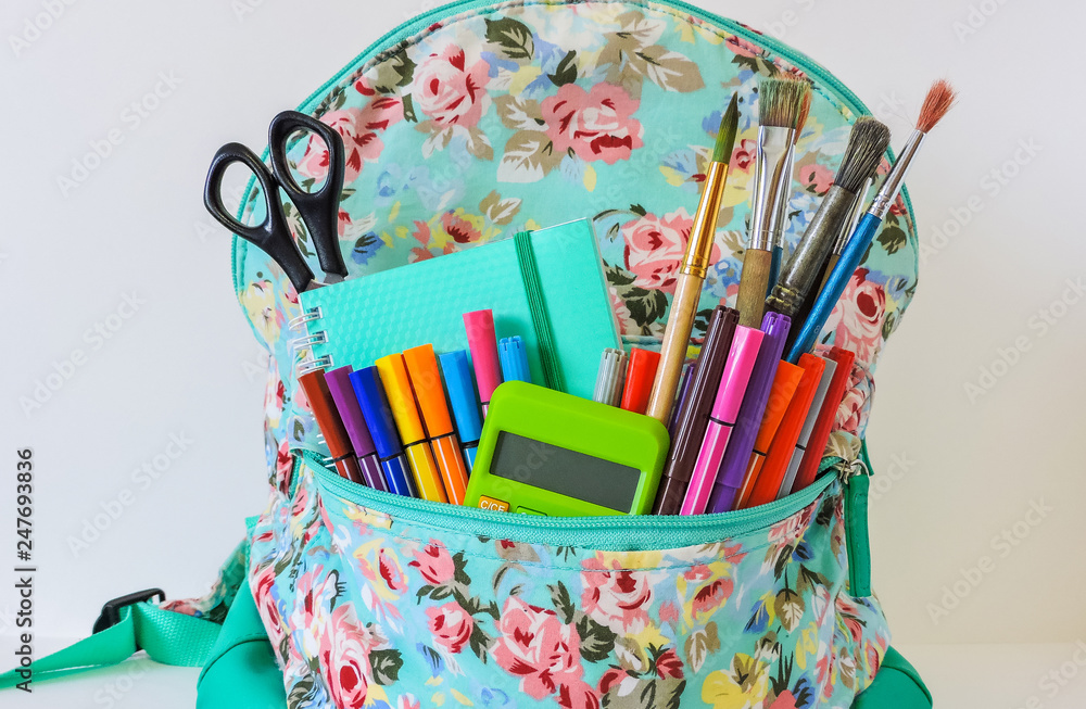 Back to school concept. School backpack and school supplies on white ...