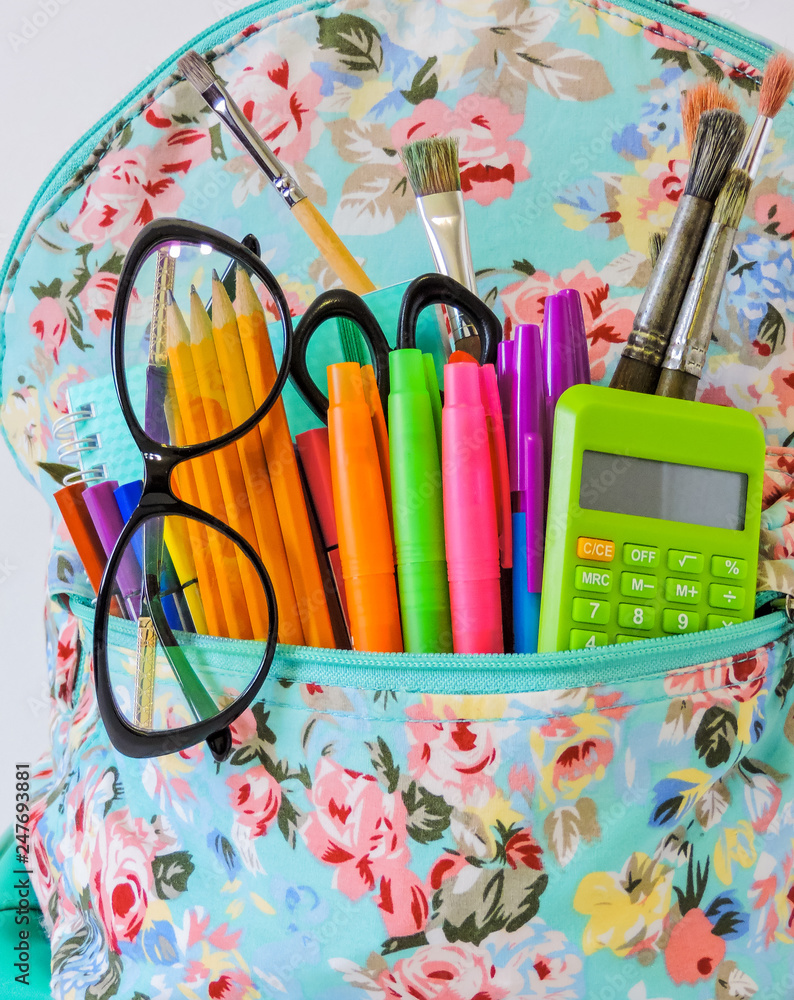 Back to school concept. School backpack and school supplies on white ...