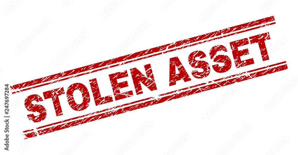 STOLEN ASSET seal print with grunge texture. Red vector rubber print of ...