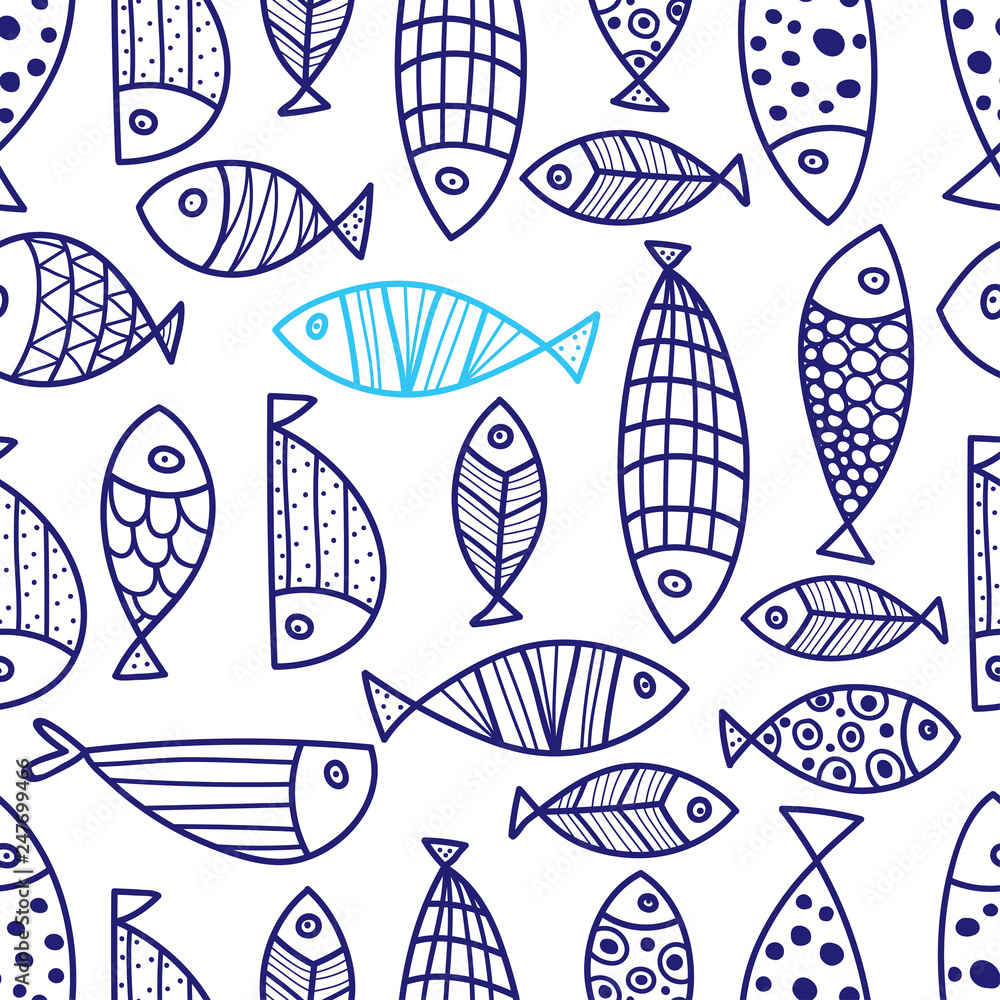 Cute fish. Cute vector line seamless pattern. Endless pattern can be ...