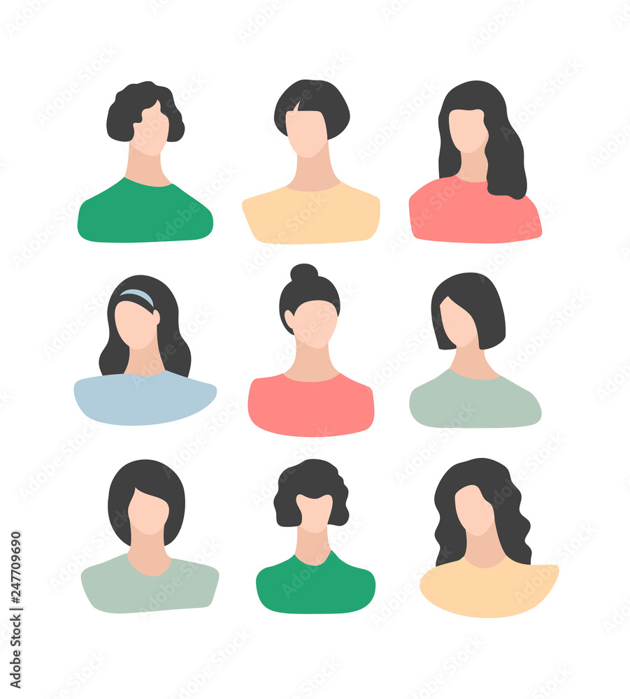Set of abstract women without face with modern and retro haircuts ...