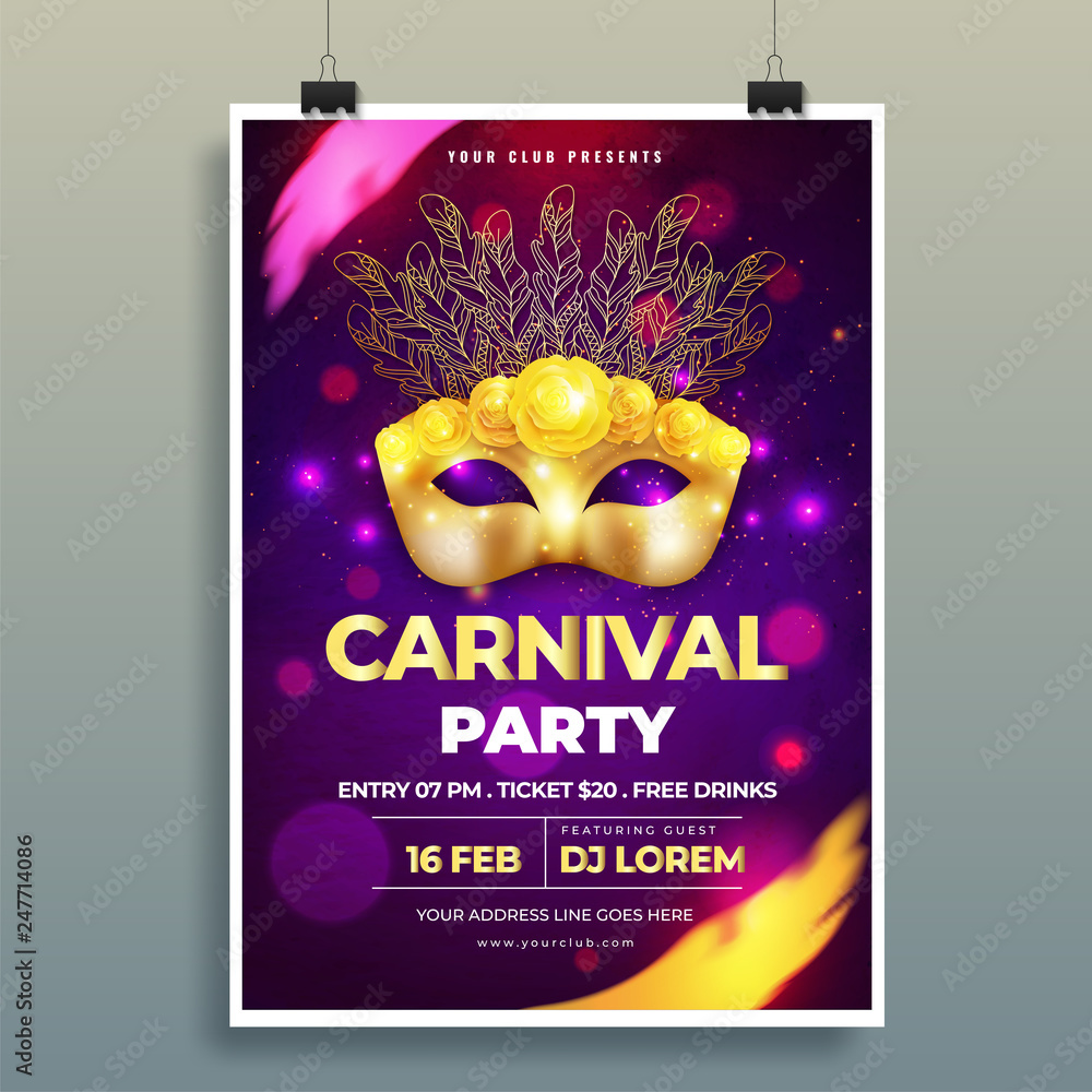 Shiny golden carnival mask illustration on purple bokeh background ...