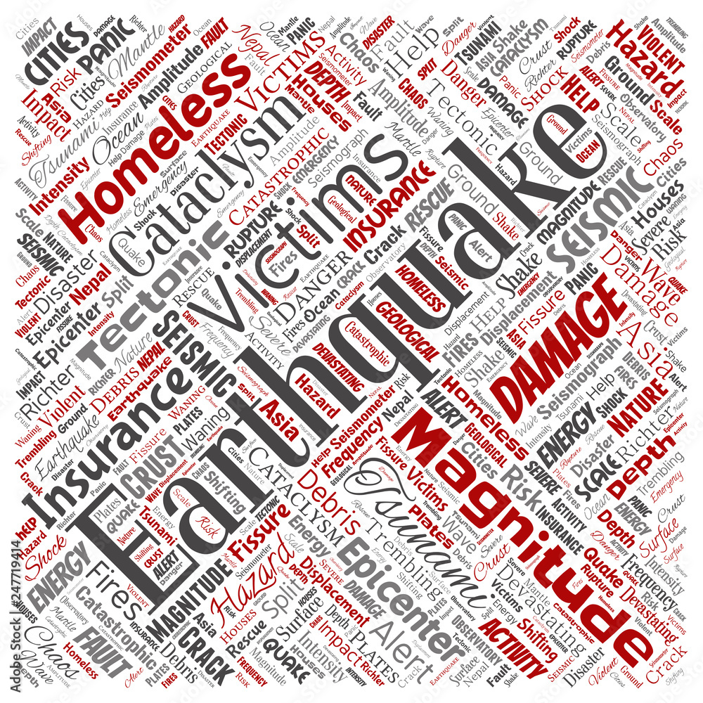 Vector conceptual earthquake activity square red word cloud isolated ...