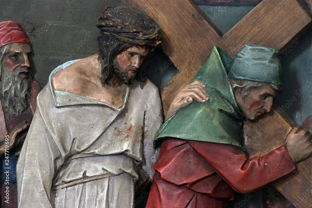 5th Stations of the Cross, Simon of Cyrene carries the cross Stock Photo | Adobe Stock