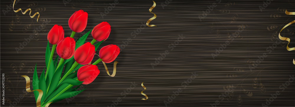 Realistic tulip flower bouquet on wooden texture background, header or ...