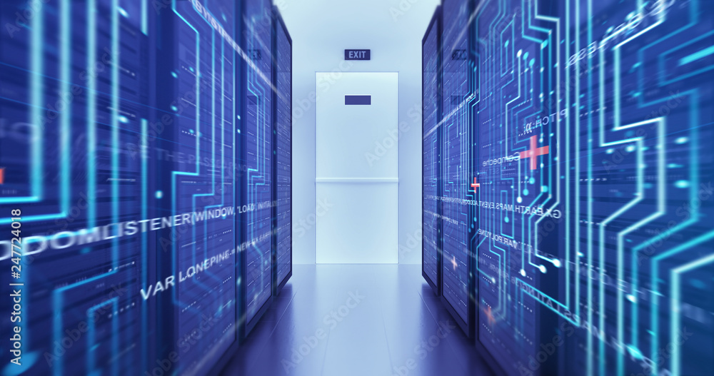 Server Racks In a Modern Data Center. Computer Racks All Around. Flying ...