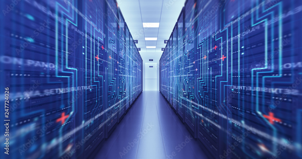 Server Racks In a Modern Data Center. Computer Racks All Around. Flying ...