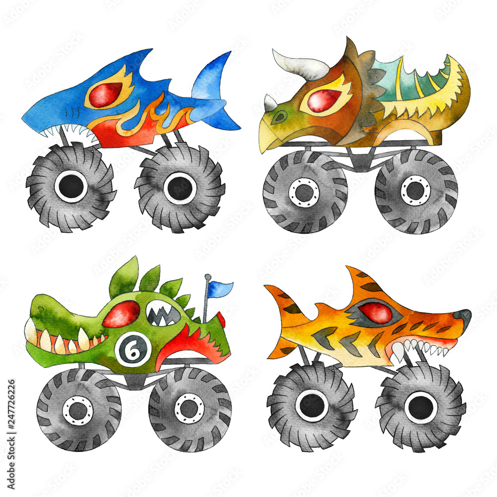 Hand painted watercolor cute monster car set on white background. Stock ...