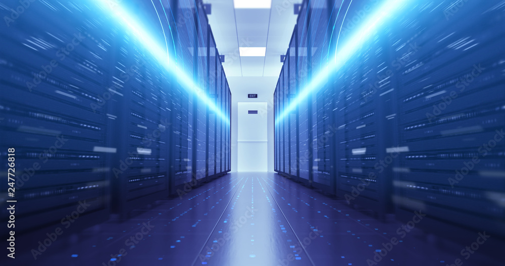Server Racks In a Modern Data Center. Computer Racks All Around. Flying ...
