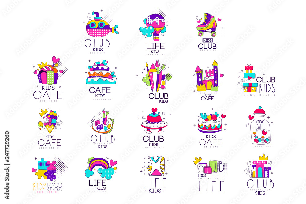 Collection of kids logo templates set, kids cafe, club, life colorful ...