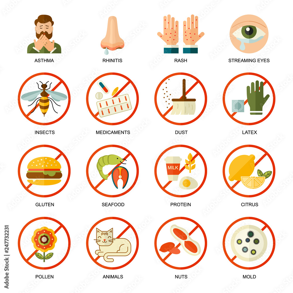 Allergy symptoms vector flat style illustration. The most common ...