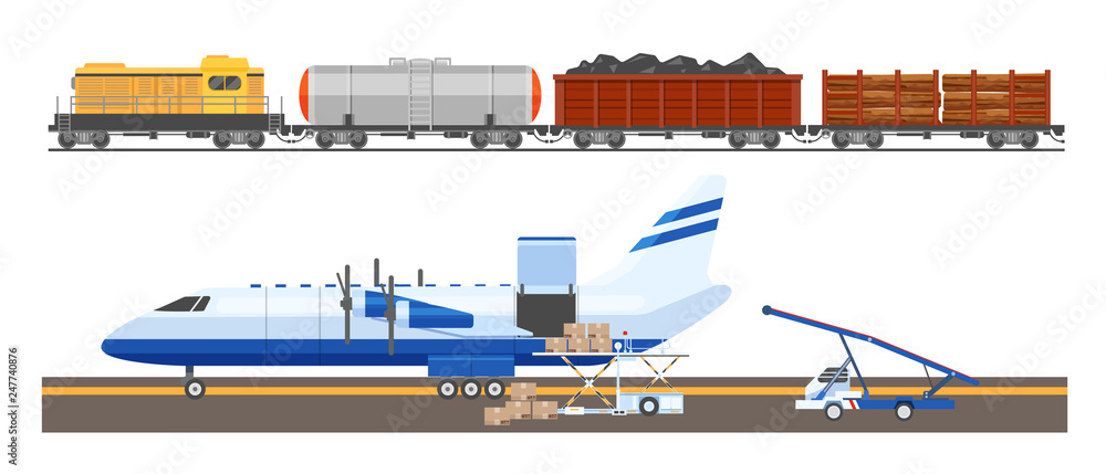 Airplane, air transport airliner. Railway train with trailer wagons ...