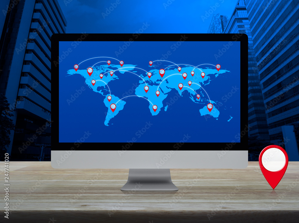 Map pin location button with connection line and world map on modern ...
