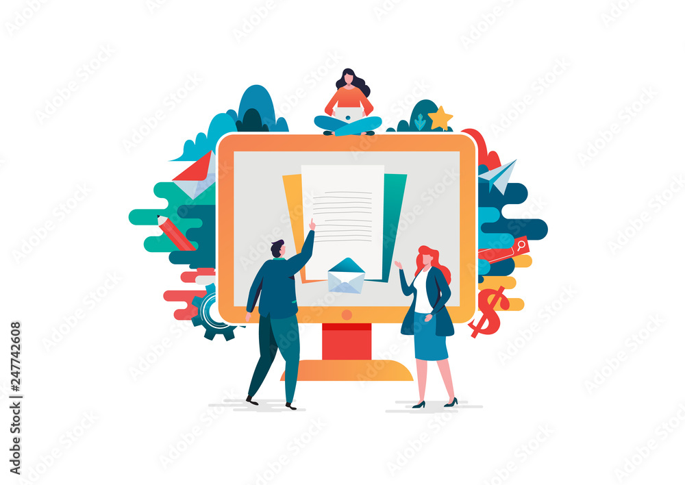 People fill out a form. Online application. Flat cartoon character ...