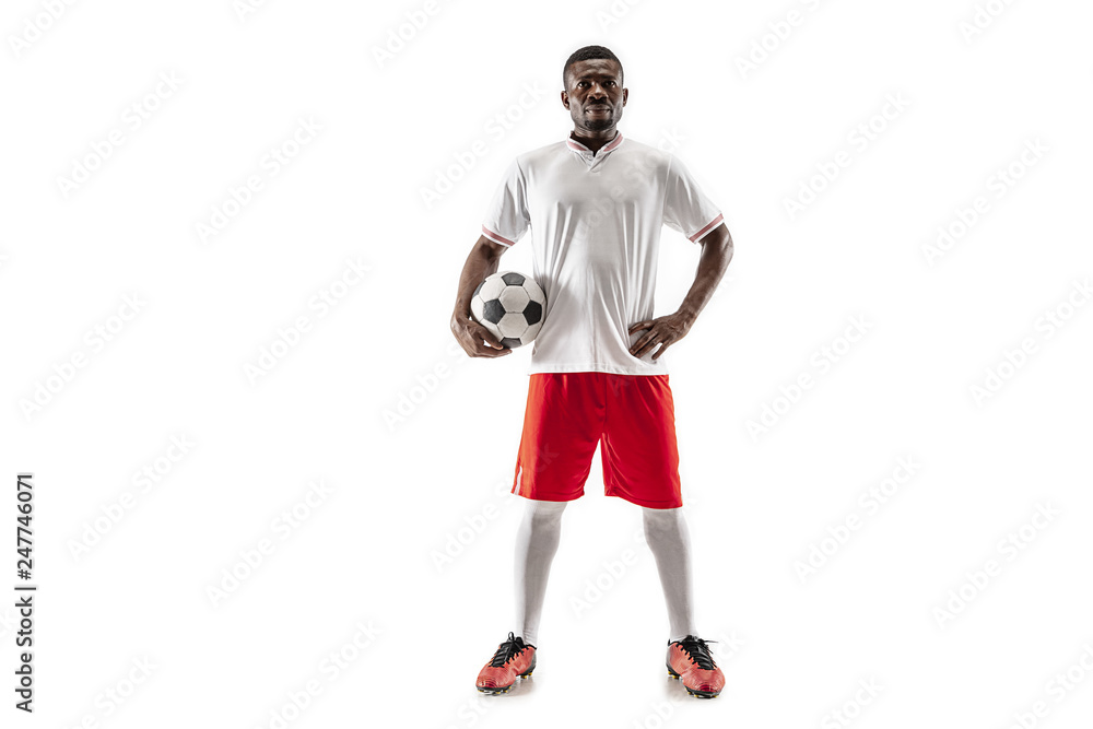 Professional african american football soccer player standing isolated ...
