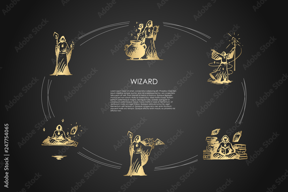 Wizard - wizard in special costume cooking potion in cauldron, standing ...