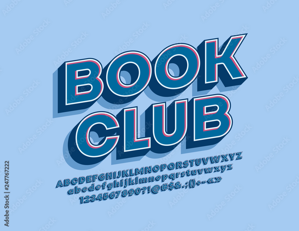 Vector stylish Sign Book Club. Rotated cool Font. Bright 3D Alphabet ...