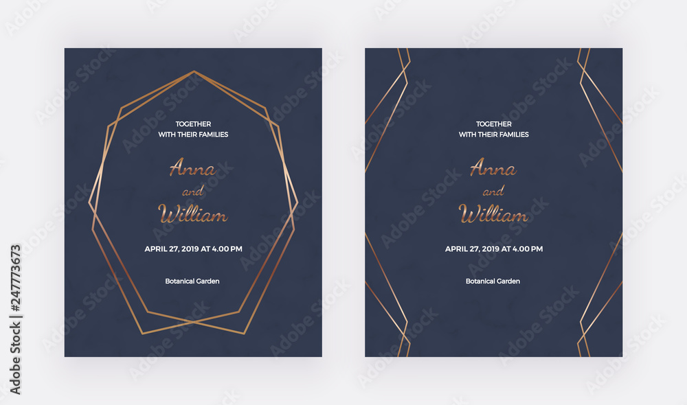 Blue wedding invatation cards with golden polygonal frame and geometric ...