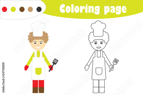 Cook in cartoon style, coloring page, education paper game for the ...