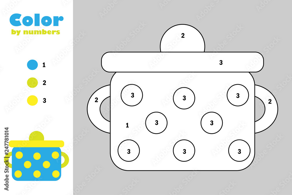 Pot in cartoon style, color by number, education paper game for the ...