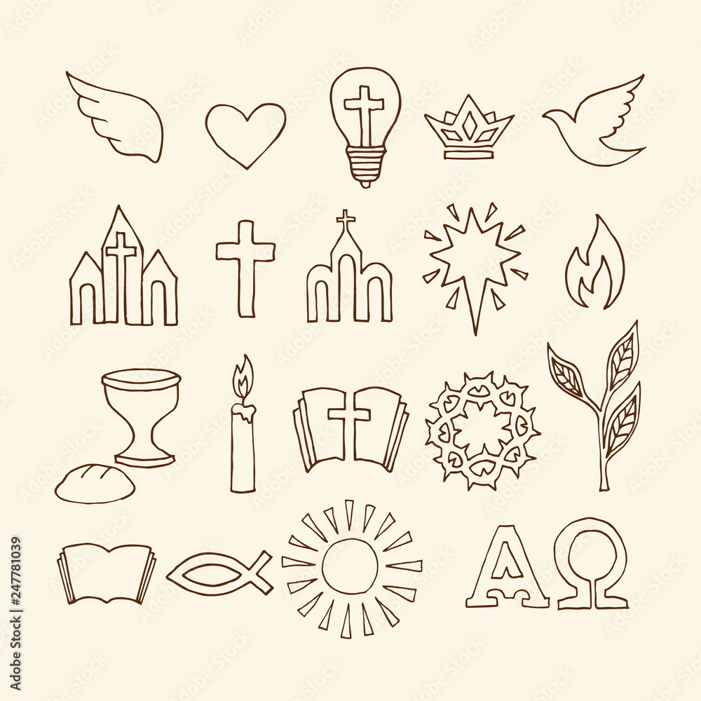 Christian symbols and icons drawn by hand. Biblical vector illustration ...