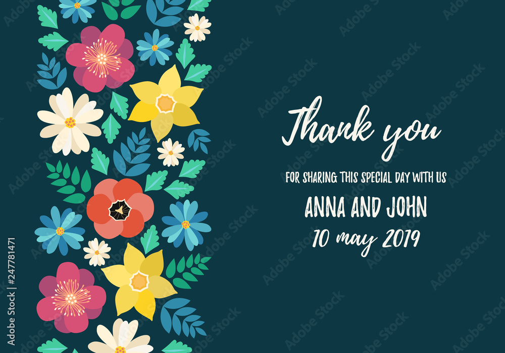 Thank you card, style wedding invitation with flat flower frame ...
