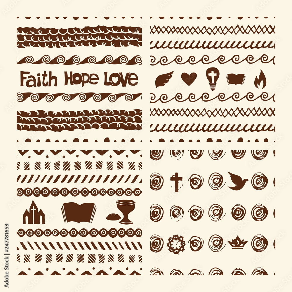 Vector set of hand drawn christian seamless pattern made with ink ...