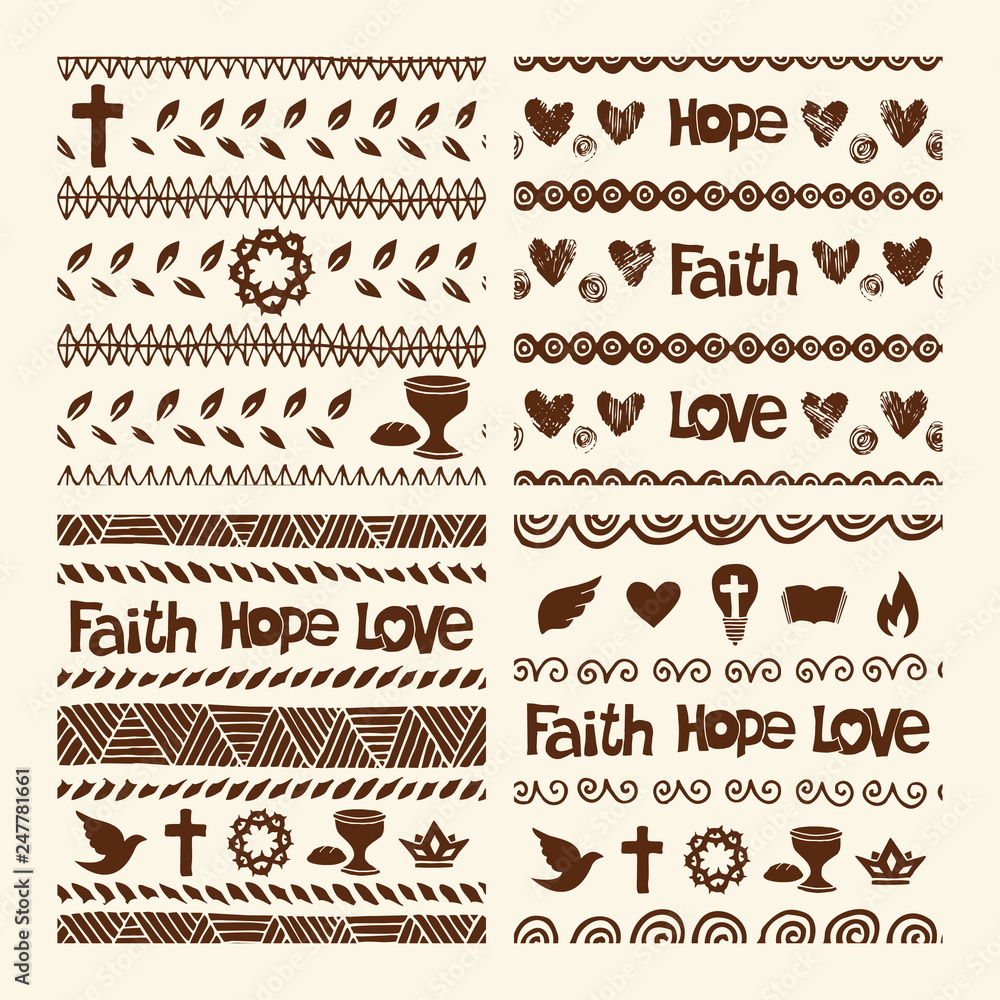 Vector set of hand drawn christian seamless pattern made with ink ...