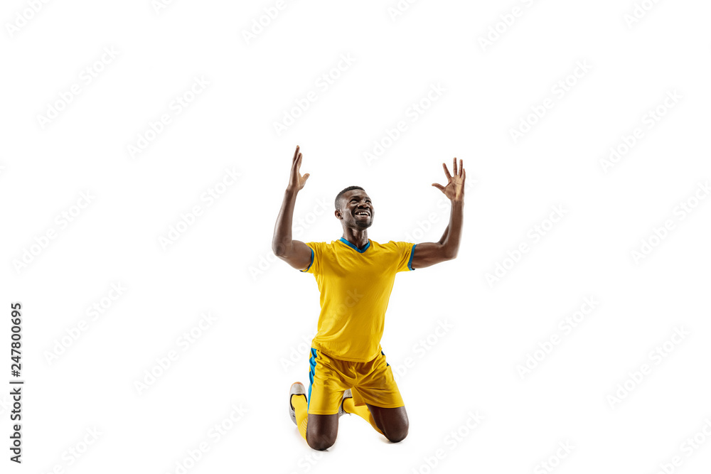 Professional african american football soccer player as winner isolated ...