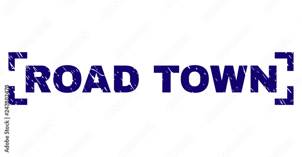 ROAD TOWN label seal print with corroded texture. Text label is placed ...