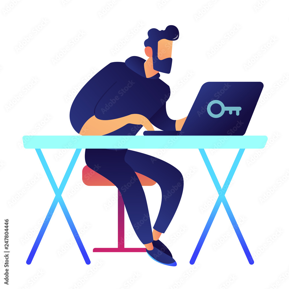 IT specialist sitting at desk and working on laptop with key vector ...