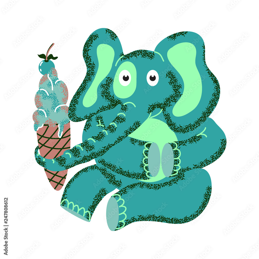 Elephant with ice cream isolated on white background. Cartoon character ...