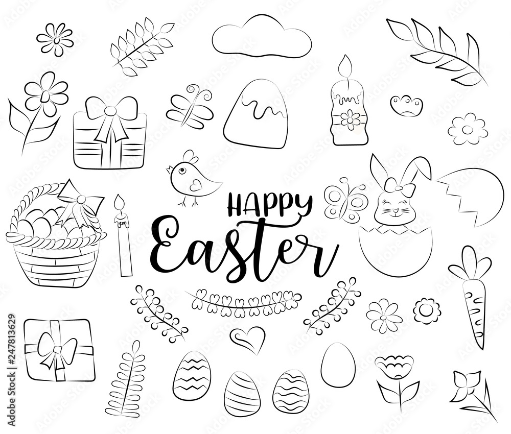 Easter set of icons and objects. Hand drawn doodle cartoon style spring ...