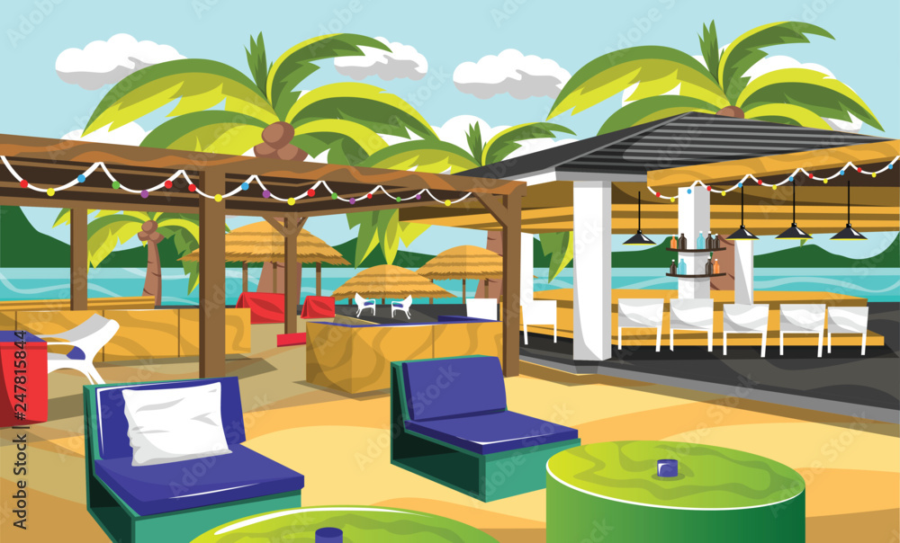 Beach Outdoor Cafe Hawaiian Style with Peanuts Tree, Ceiling Lamps ...