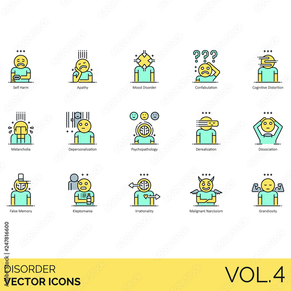 Disorder icons including self harm, apathy, confabulation, cognitive ...