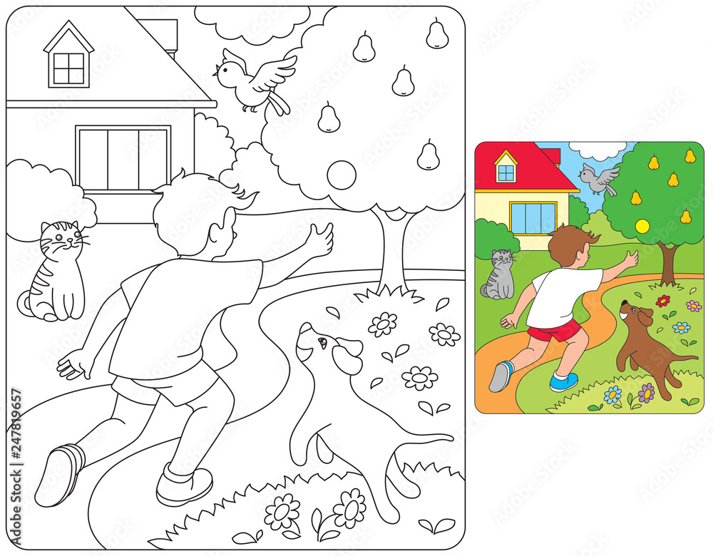 Coloring page boy and dog Stock Vector | Adobe Stock